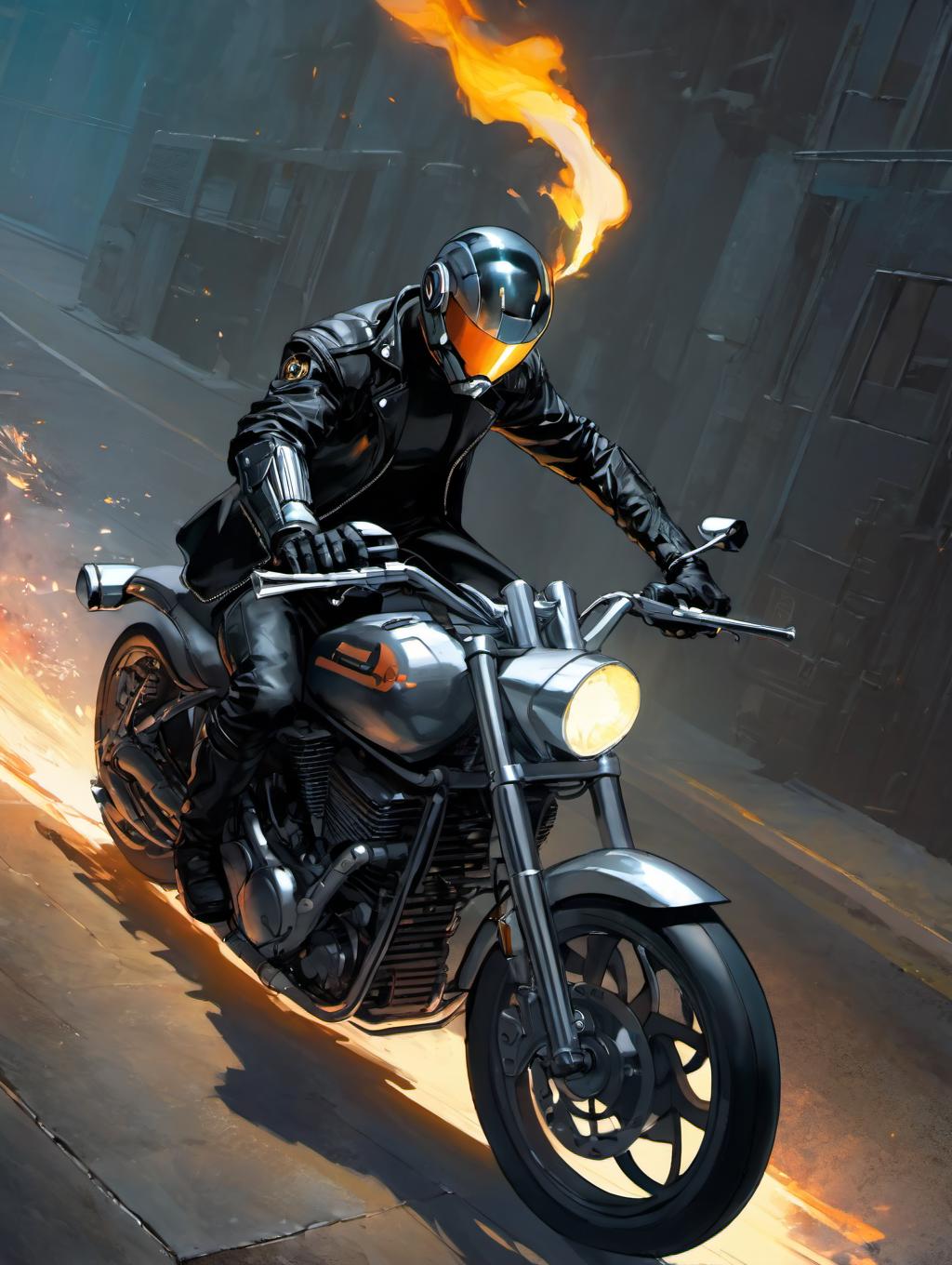 Motorcycle rider with flames coming out of his helmet riding down the ...