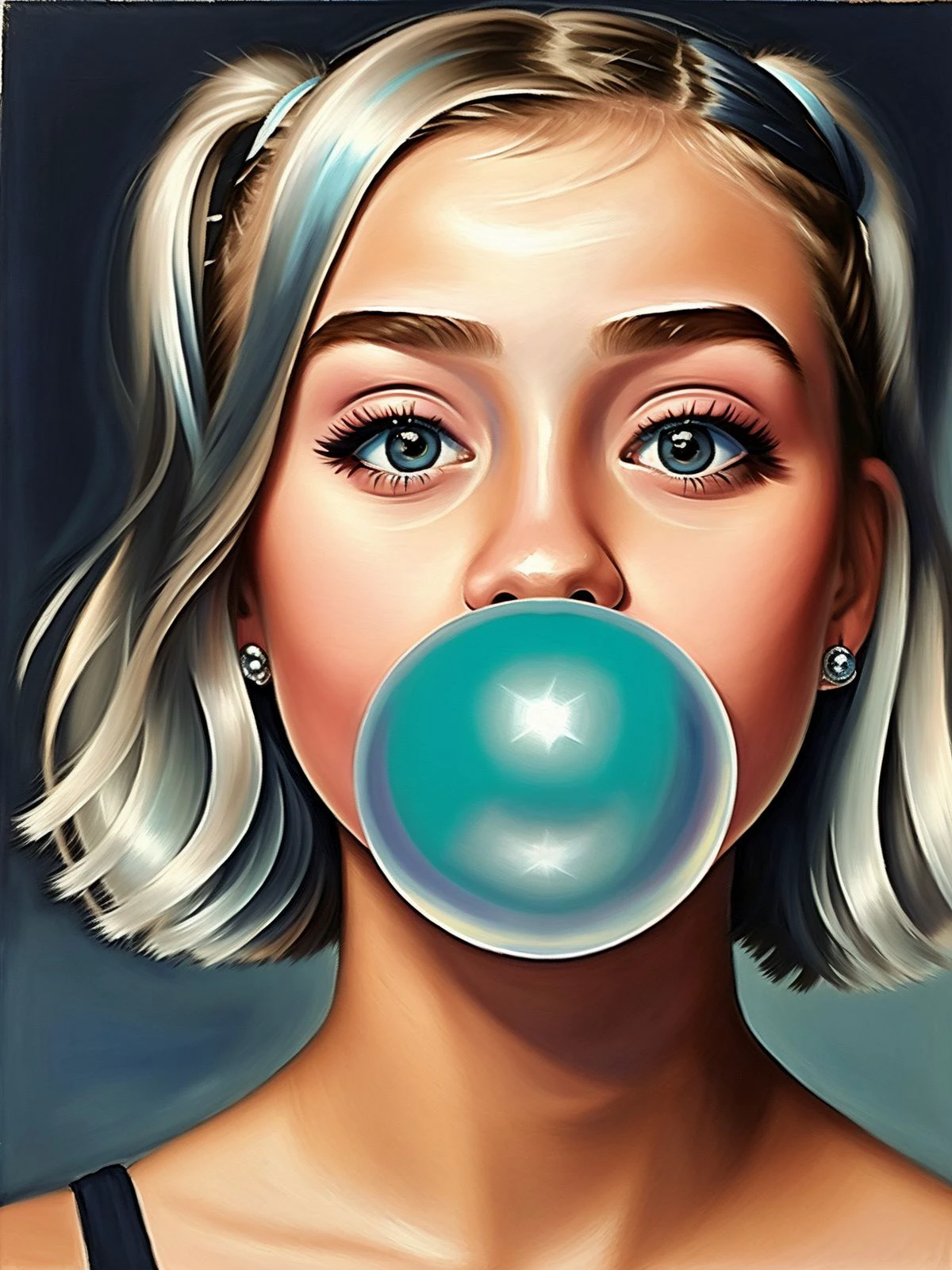 painting in the style, of a teenage girl blowing bubble gum with bare shoulders and her head ...