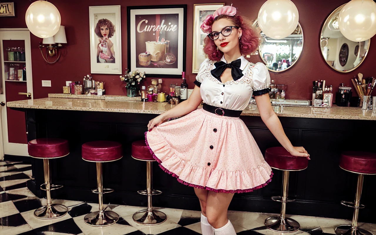 Araffe dressed in a pink and white dress standing in front of a bar ...