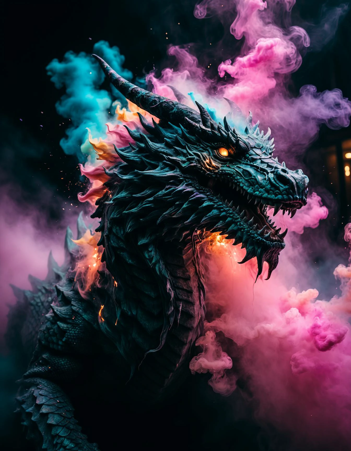 A dragon with colorful smoke in its mouth and a building in the ...