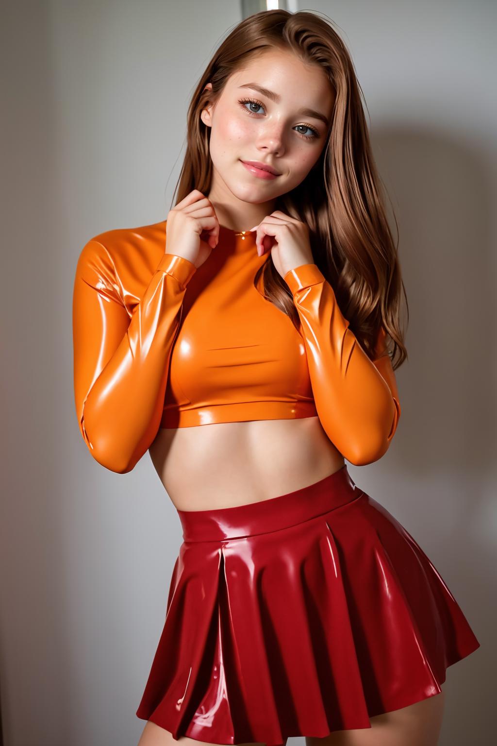 A woman in a red skirt and orange top posing for a picture - SeaArt AI