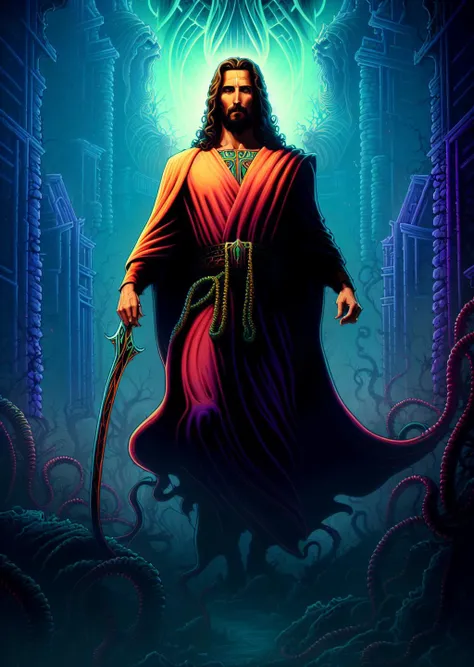 A painting of jesus holding a sword in a dark room - SeaArt AI