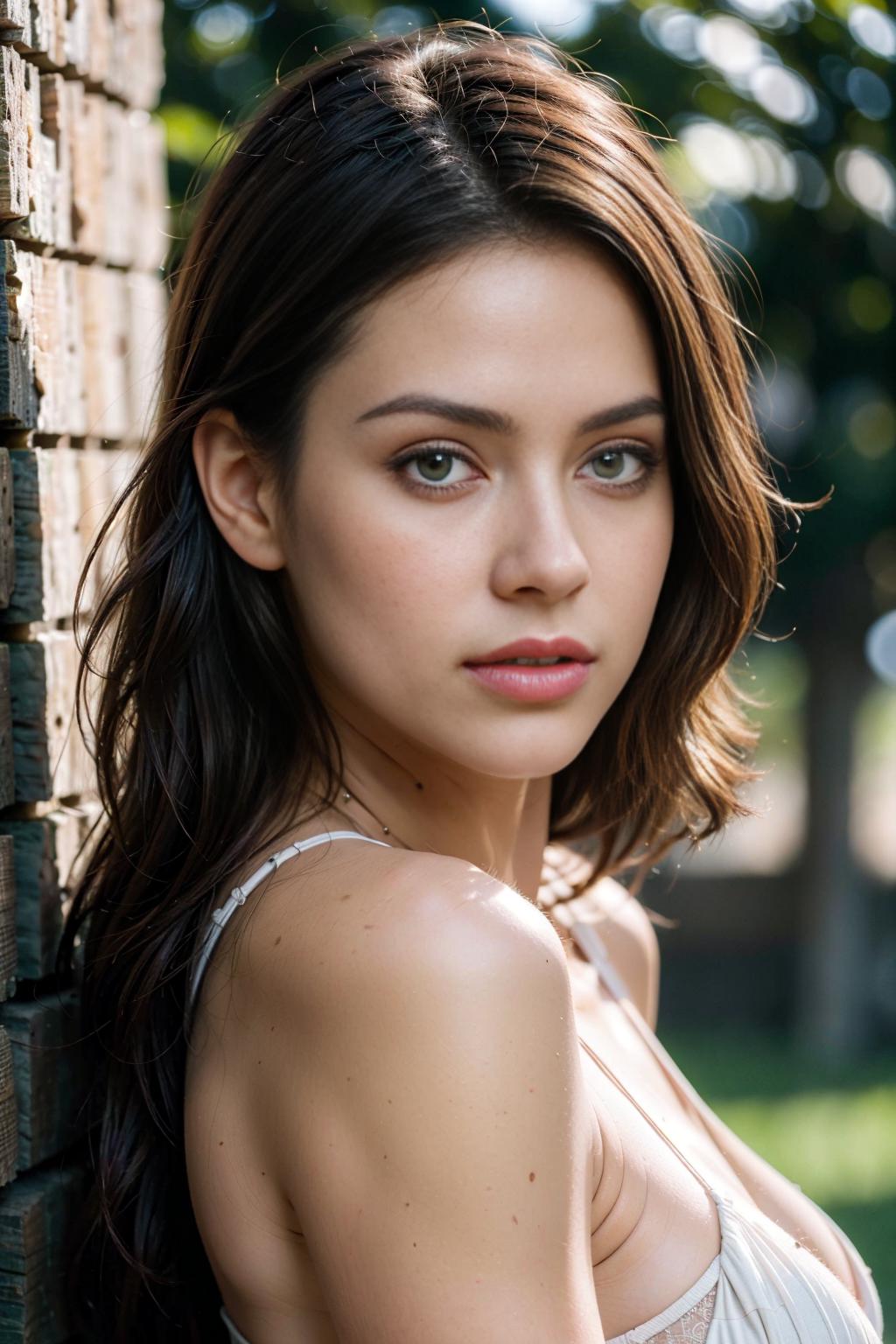 A woman in a white dress leaning against a brick wall - SeaArt AI