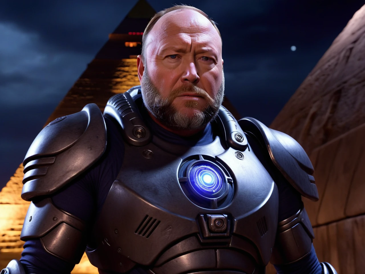 A close up of a man in a suit with a blue light on his chest - SeaArt AI