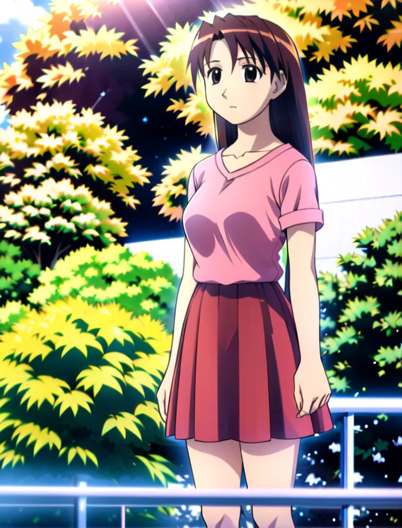 A woman in a pink shirt and red skirt standing in front of a fence - SeaArt AI