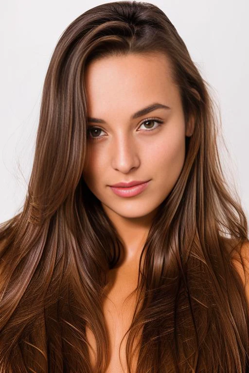 A close up of a woman with long brown hair and a white background ...