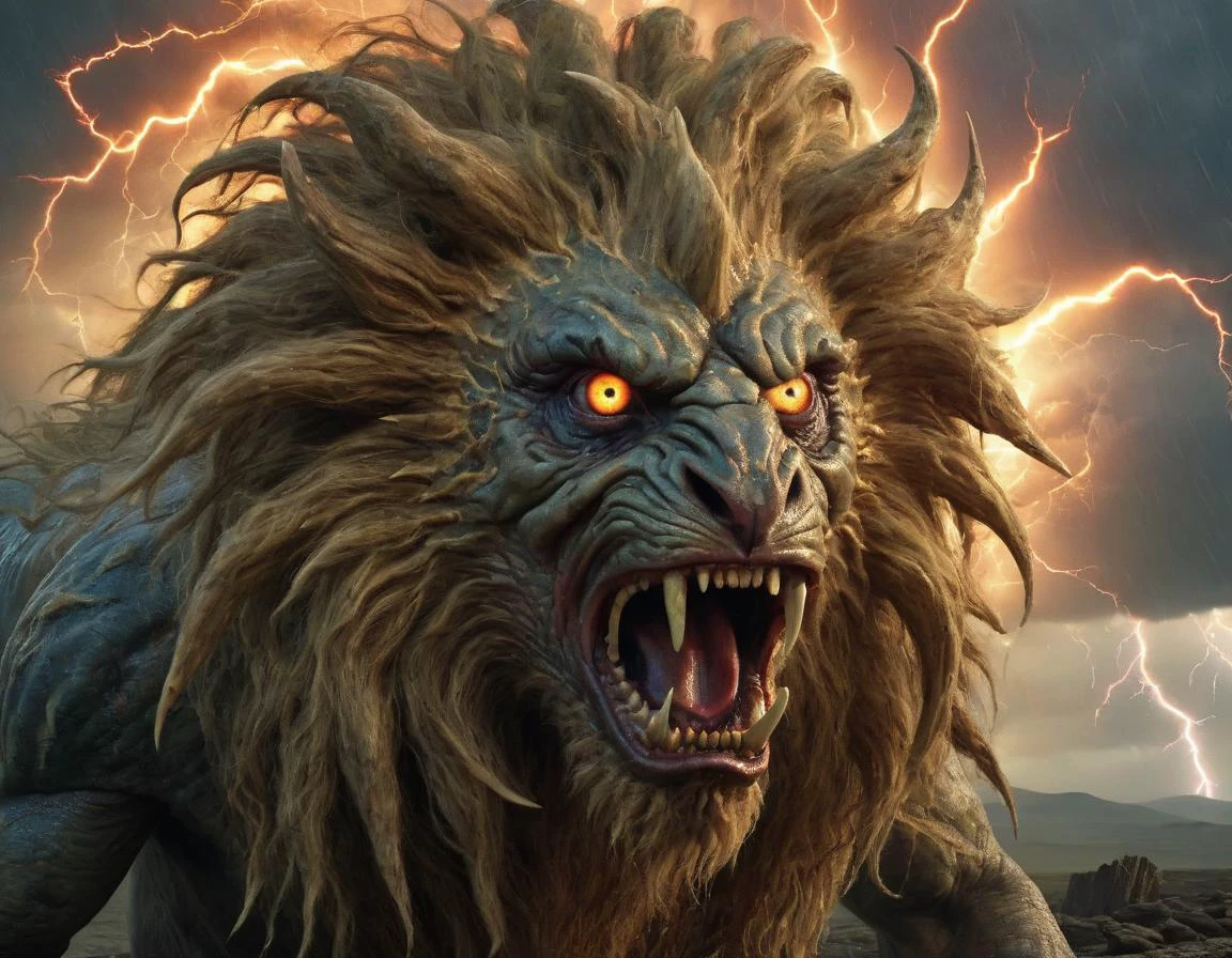 A close up of a lion with a lightning bolt in the background - SeaArt AI