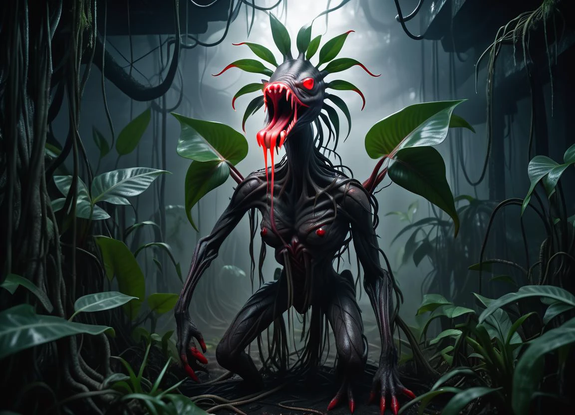 A close up of a creepy creature in a jungle with plants - SeaArt AI