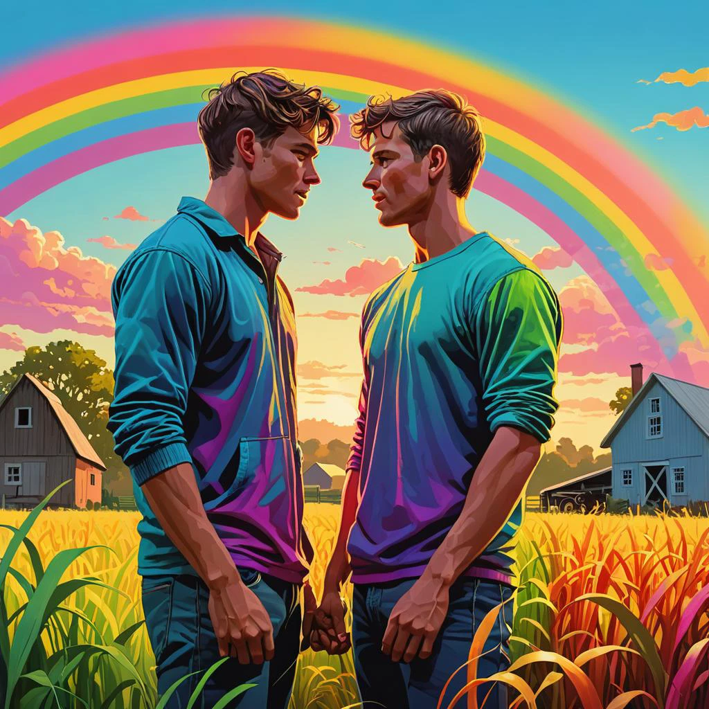 Two men standing in a field with a rainbow in the background - SeaArt AI