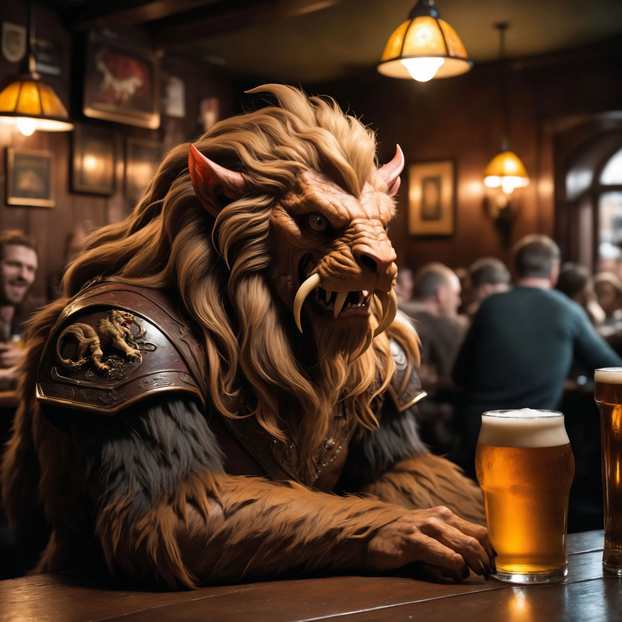 A close up of a person in a costume sitting at a table with a beer ...