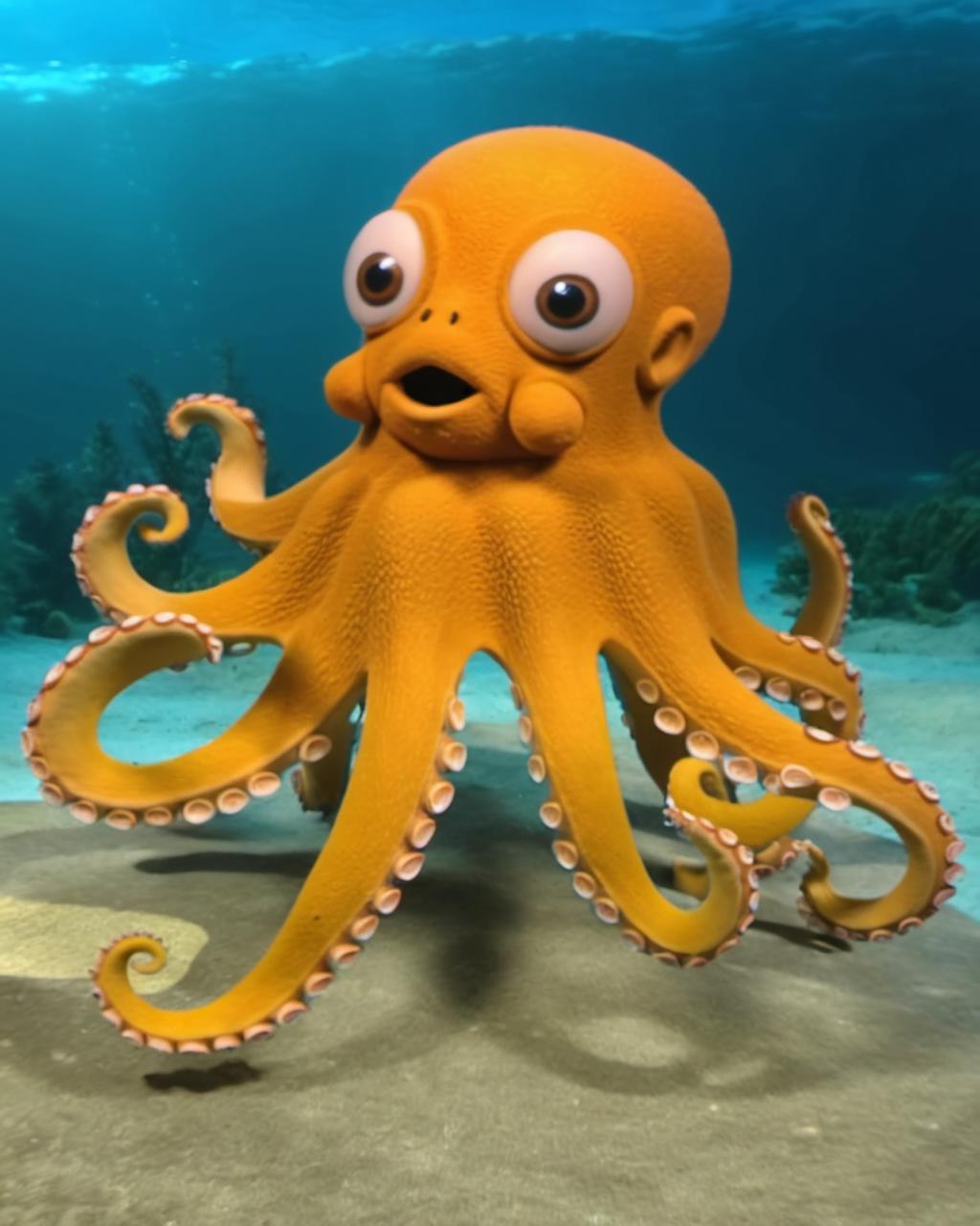 There is a yellow octopus with big eyes on the ocean floor - SeaArt AI