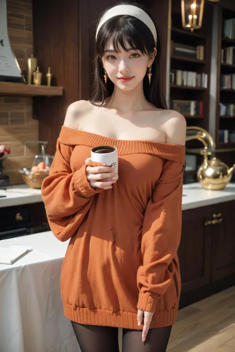 A woman in an orange sweater holding a cup of coffee - SeaArt AI