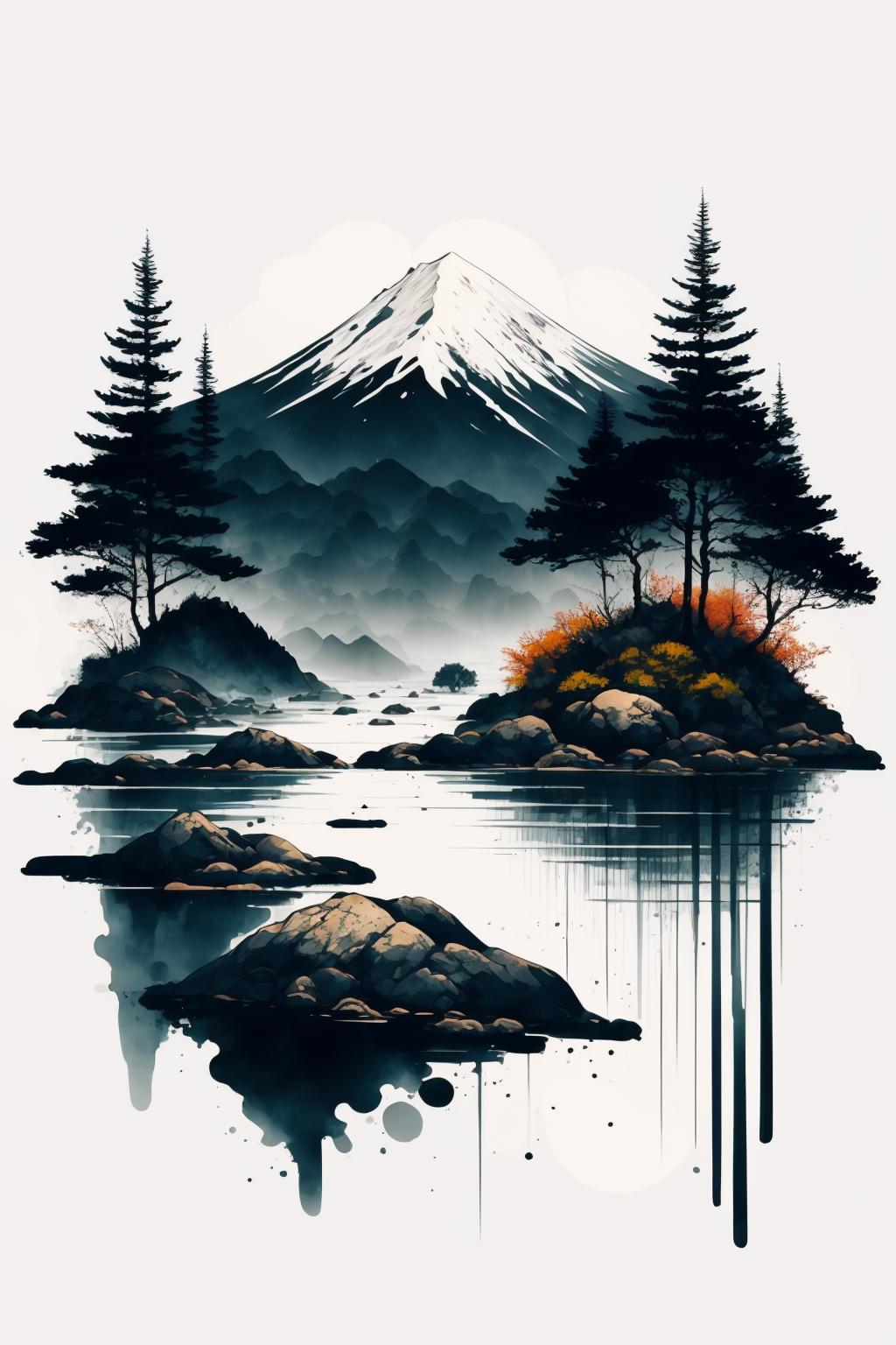A painting of a mountain with trees and rocks in the water - SeaArt AI