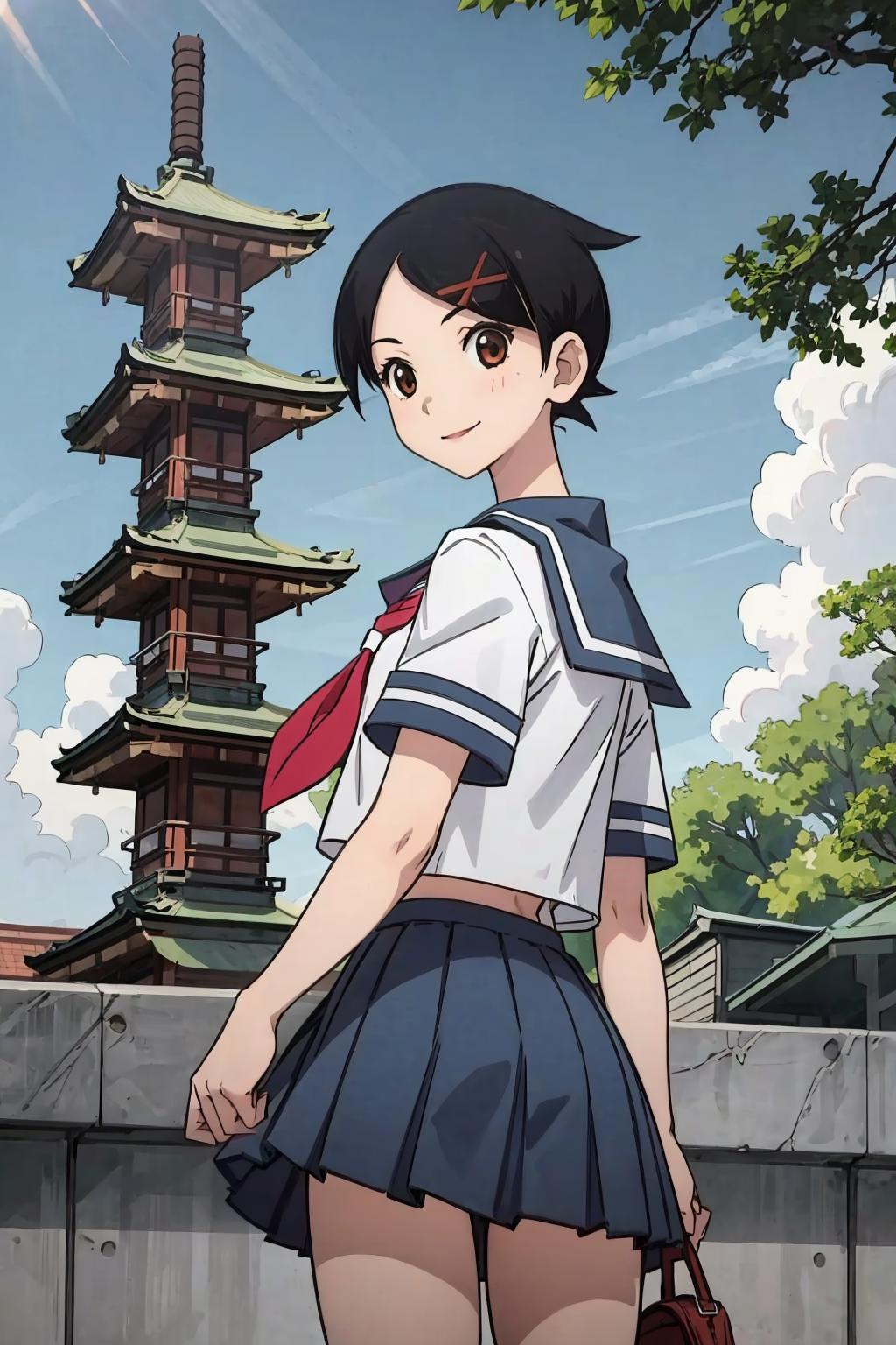 A woman in a short skirt and a white shirt standing in front of a pagoda - SeaArt AI