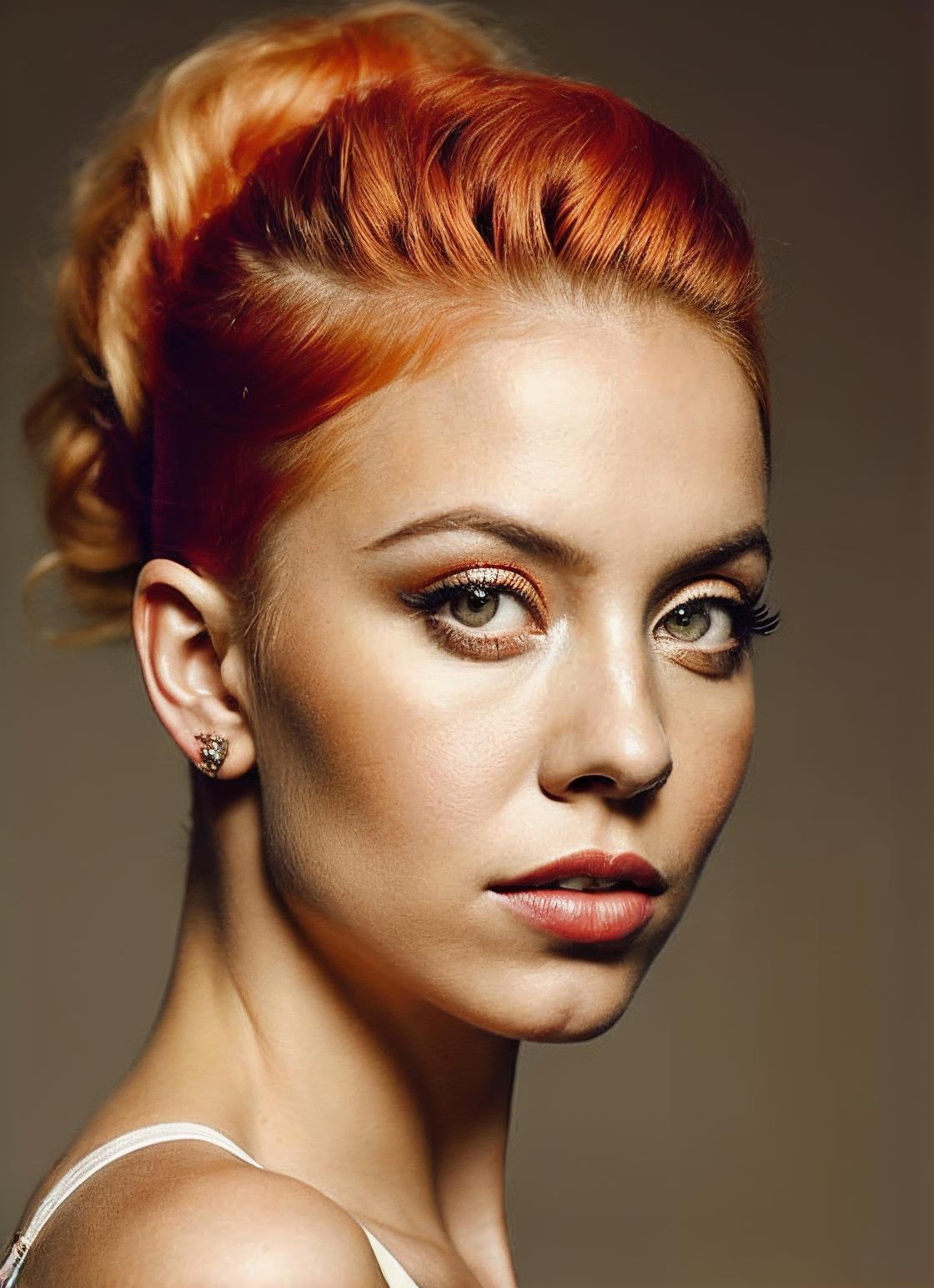 A close up of a woman with red hair and a white top - SeaArt AI