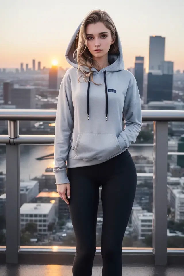 A woman in a grey hoodie and black leggings stands on a balcony ...