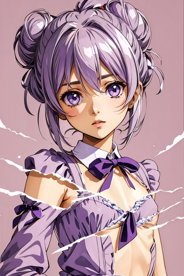 A woman with purple hair and a purple dress is posing - SeaArt AI
