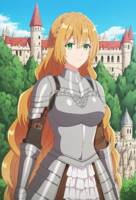 A woman in armor stands in front of a castle - SeaArt AI