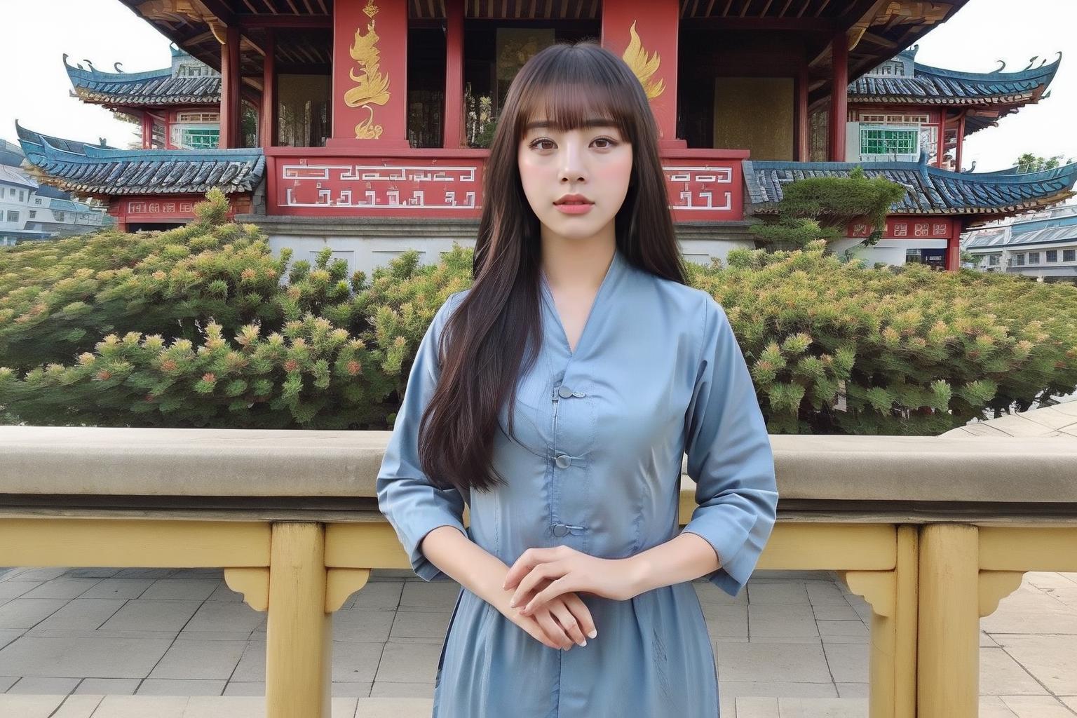 Arafed woman in a blue dress standing in front of a building - SeaArt AI