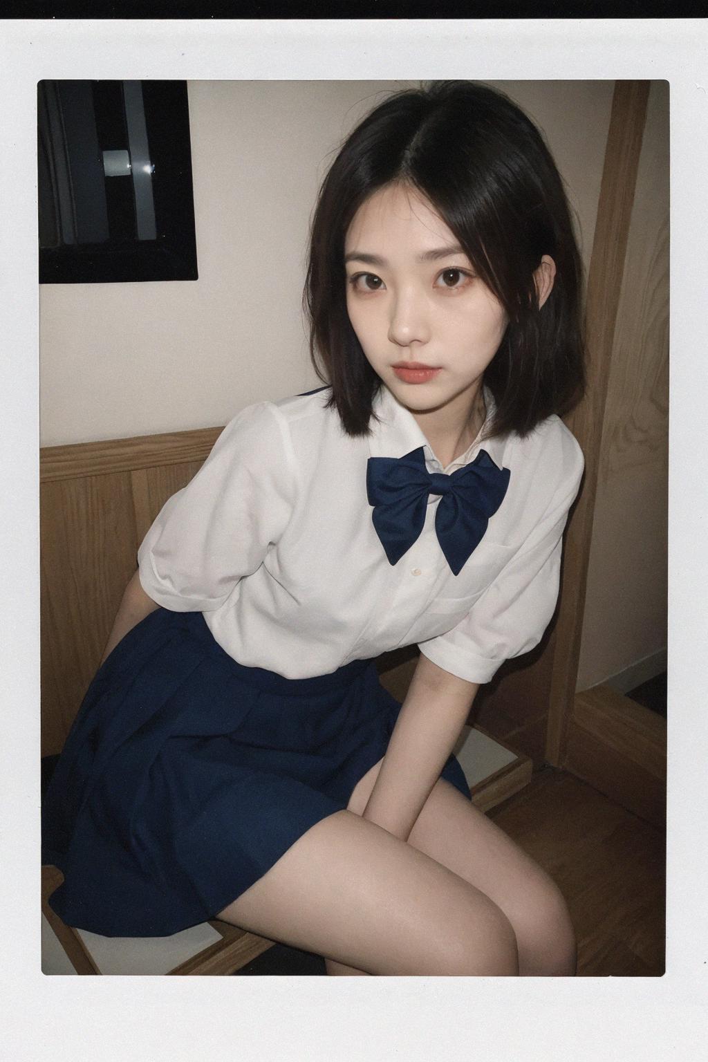 Arafed asian woman in a white shirt and blue skirt - SeaArt AI