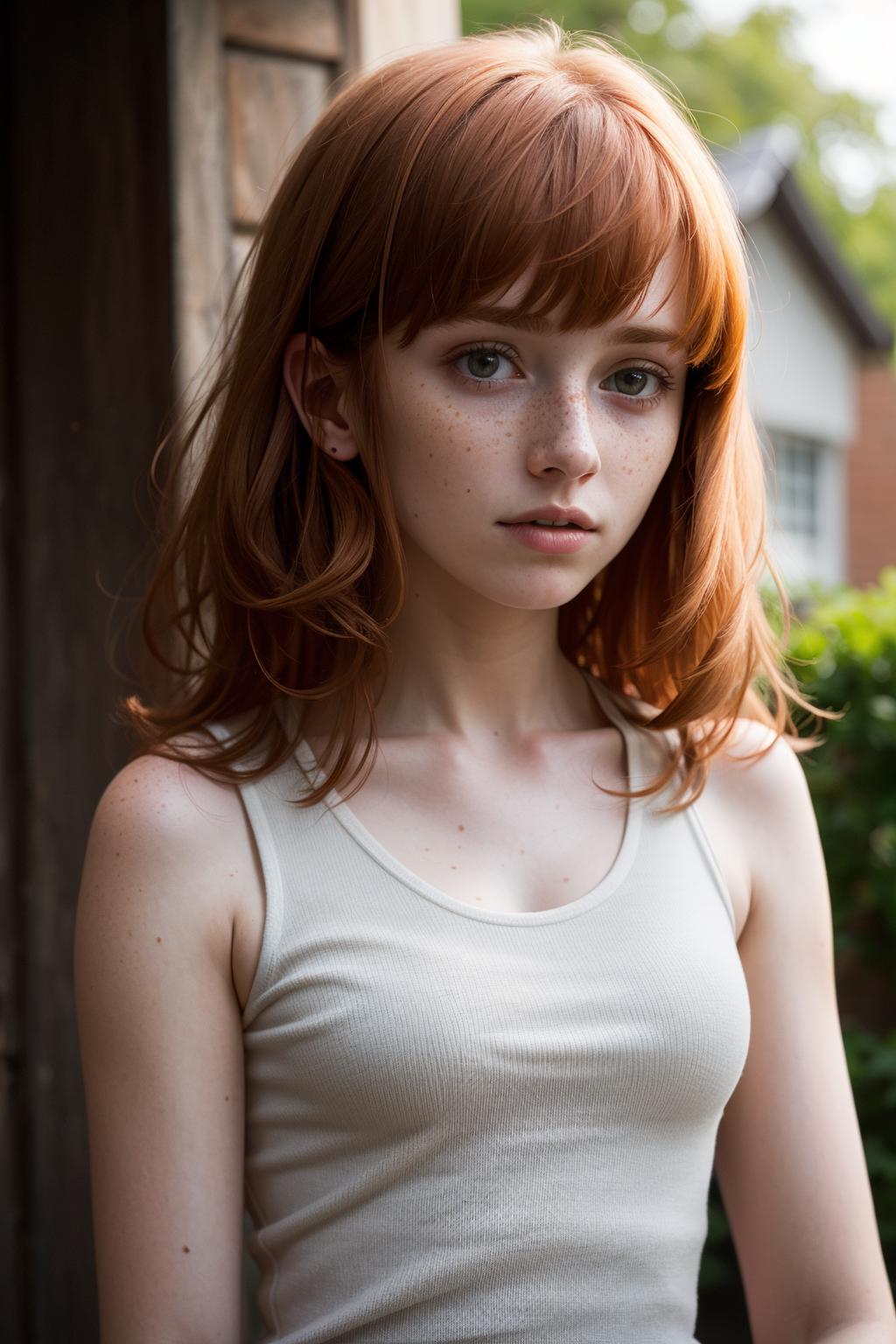 Arafed woman with red hair and blue eyes standing outside - SeaArt AI