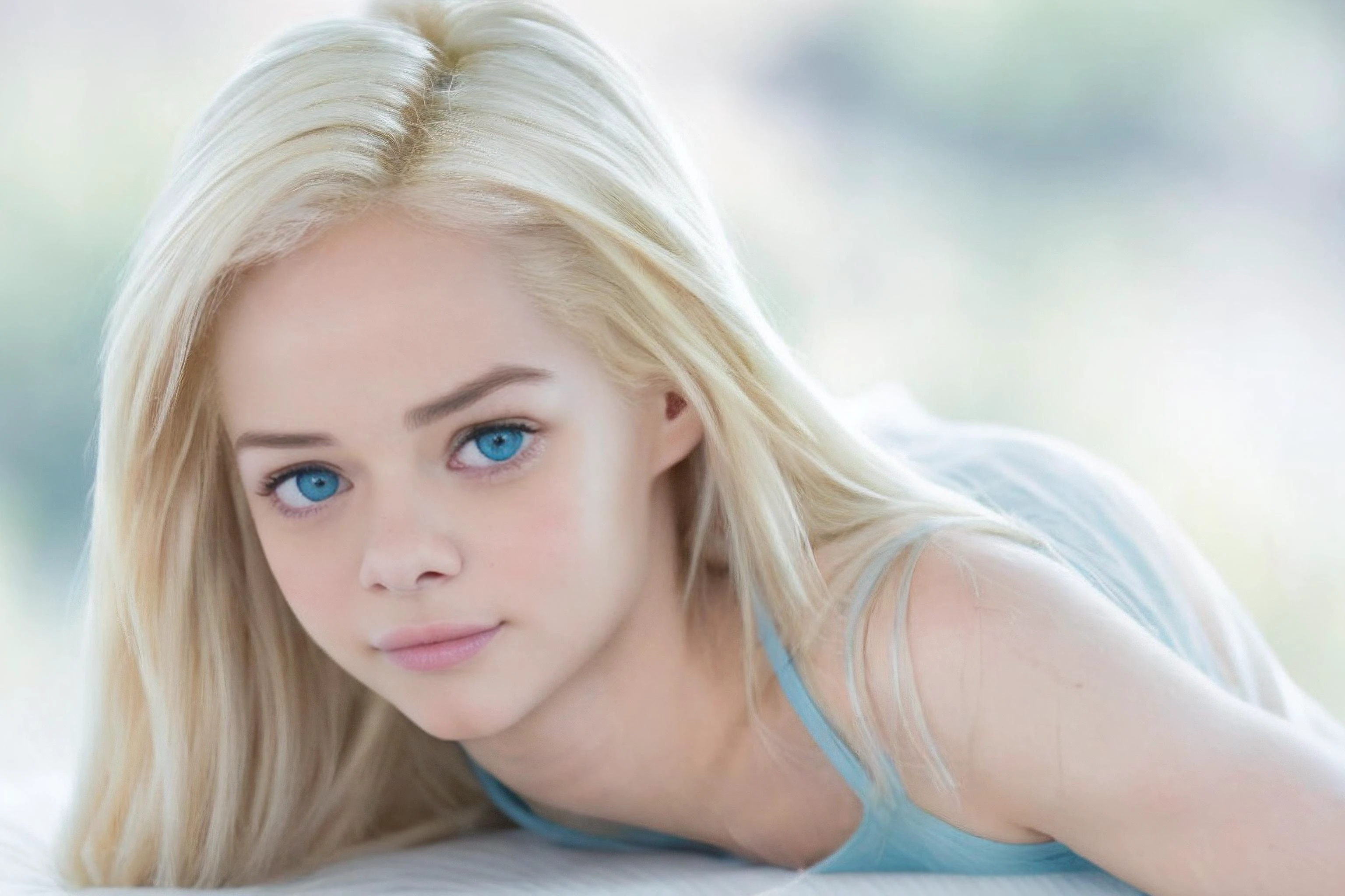 Blonde woman with blue eyes laying on a bed looking at the camera - SeaArt AI