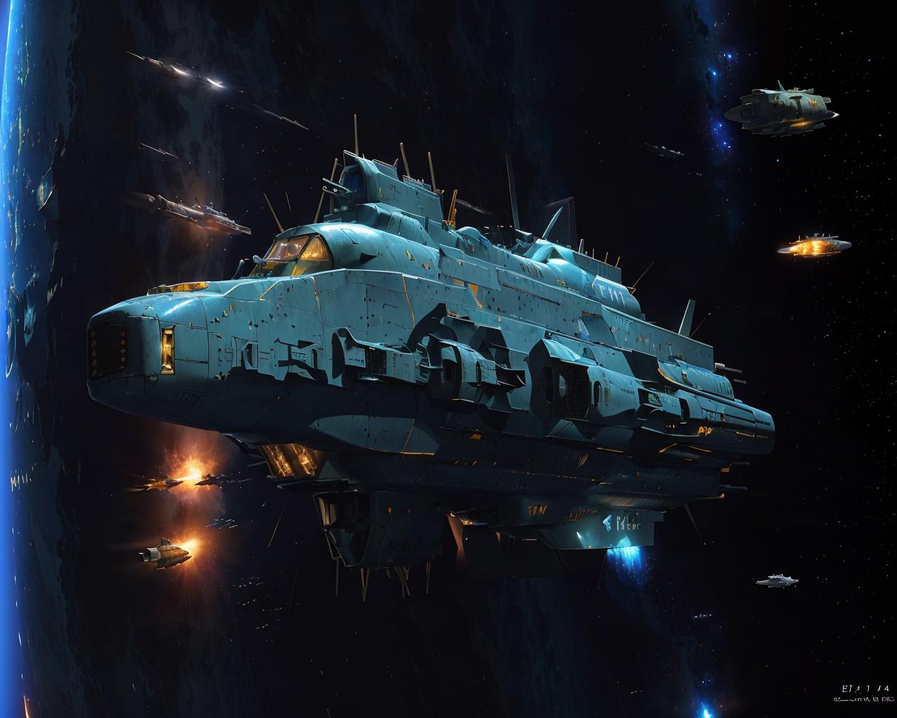Spaceships and ships in a space station with a planet in the background - SeaArt AI