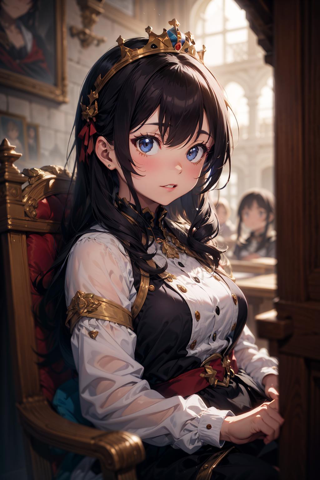 A woman in a dress sitting in a chair with a crown on her head - SeaArt AI