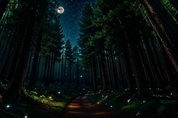 A forest with a path and a full moon in the sky - SeaArt AI