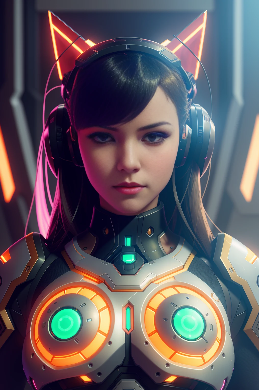 A woman in a futuristic outfit with glowing ears and headphones - SeaArt AI