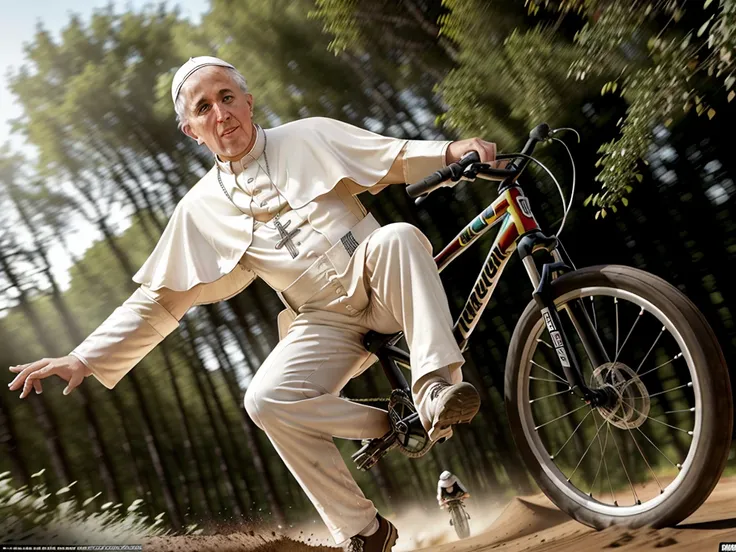 A very realistic picture of ((The Pope)) riding a bmx on a bike trail ...