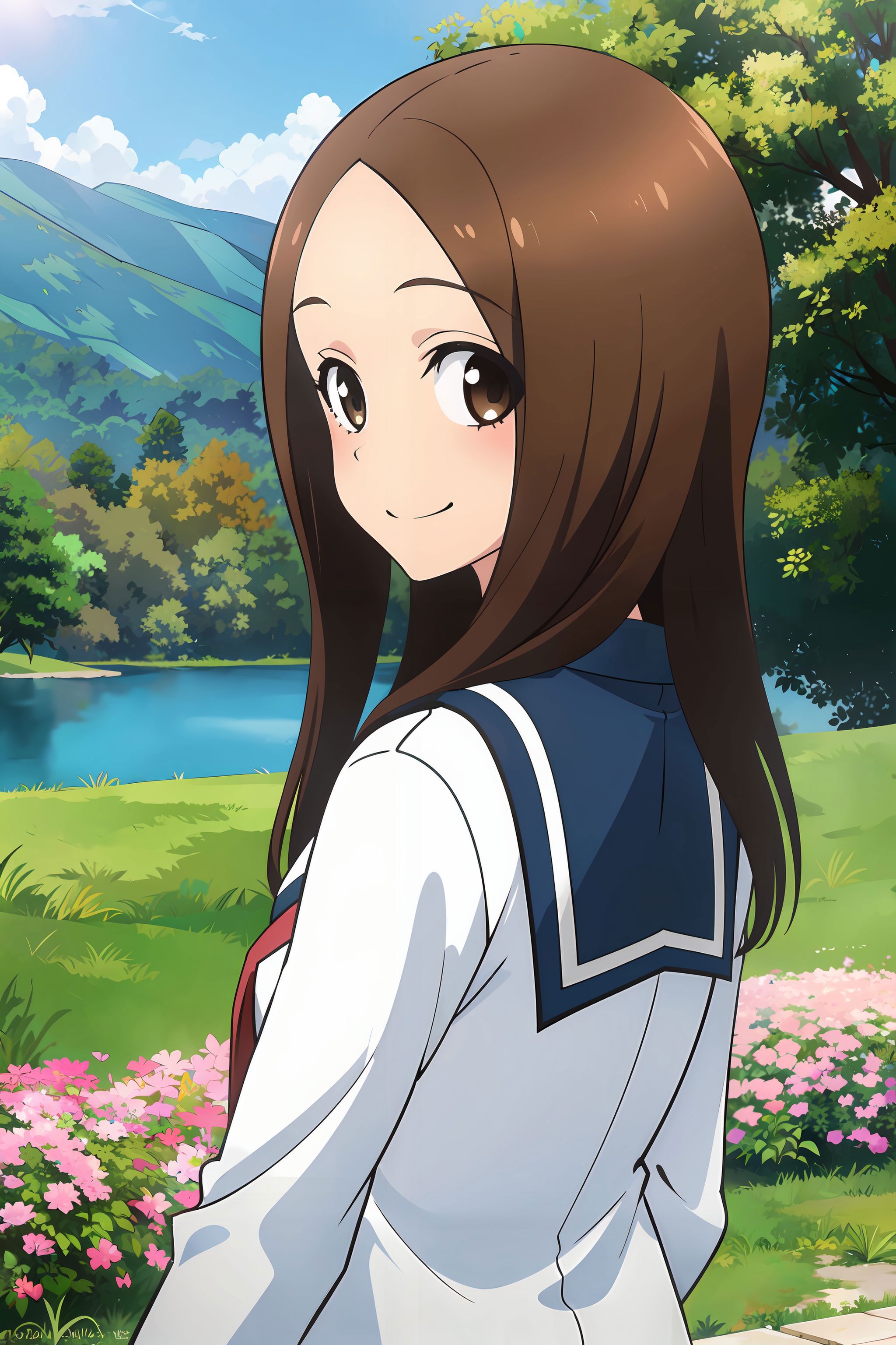 A woman in a white shirt and blue vest standing in front of a lake - SeaArt AI