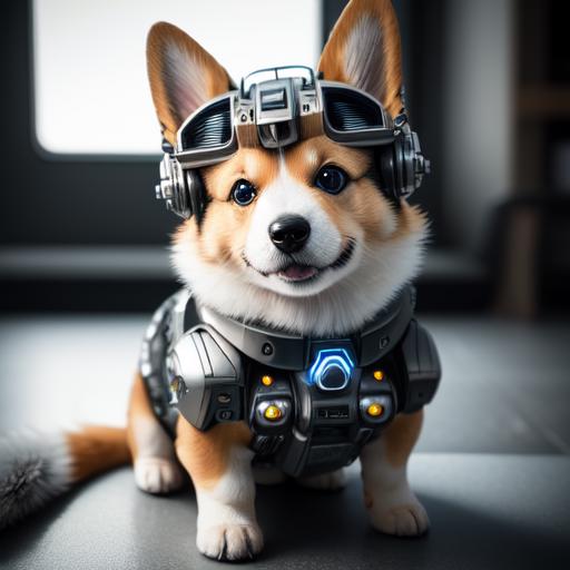 a crisp photograph of a cute cybernetic corgi puppy, (cyborg:1.4 ...