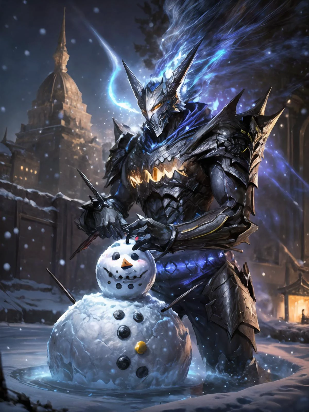 A man in armor standing next to a snowman in the snow - SeaArt AI