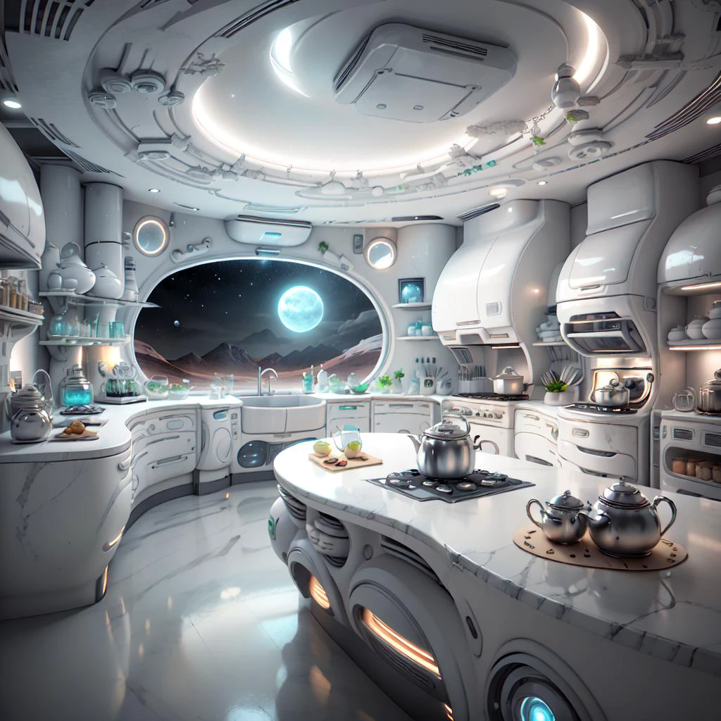 Spaceship kitchen with a view of the moon and the planet - SeaArt AI