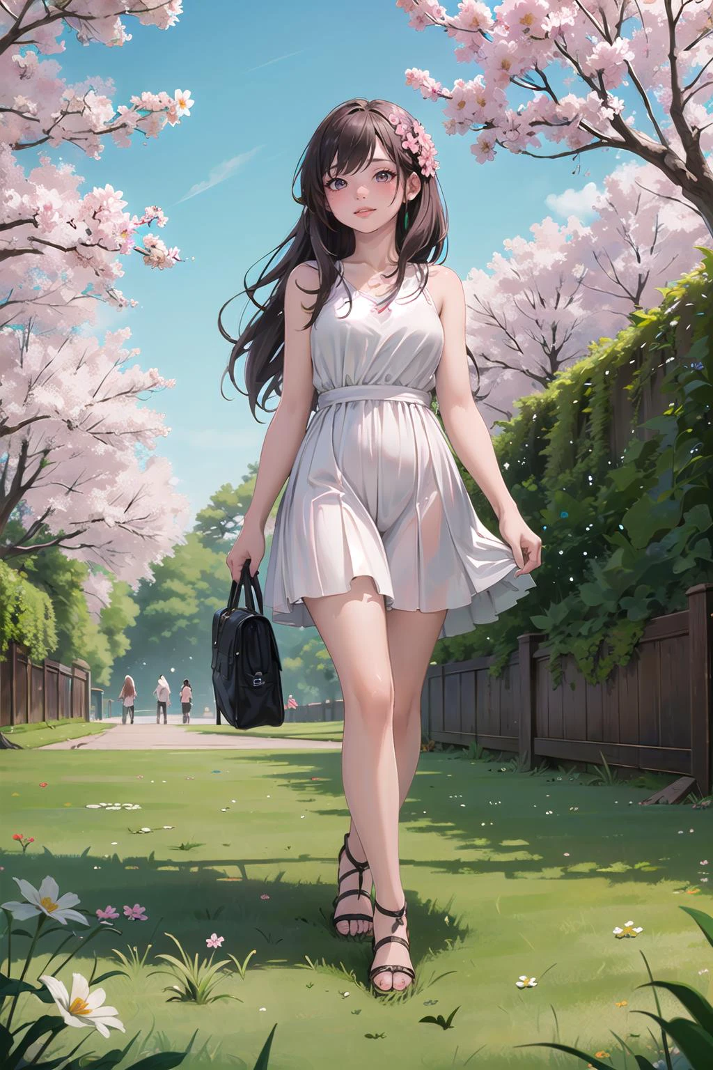 Anime girl walking in the park with a handbag - SeaArt AI