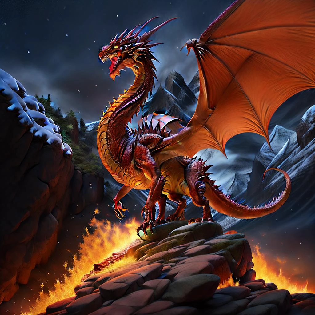 Dragon with fire and flames flying over a rocky area - SeaArt AI