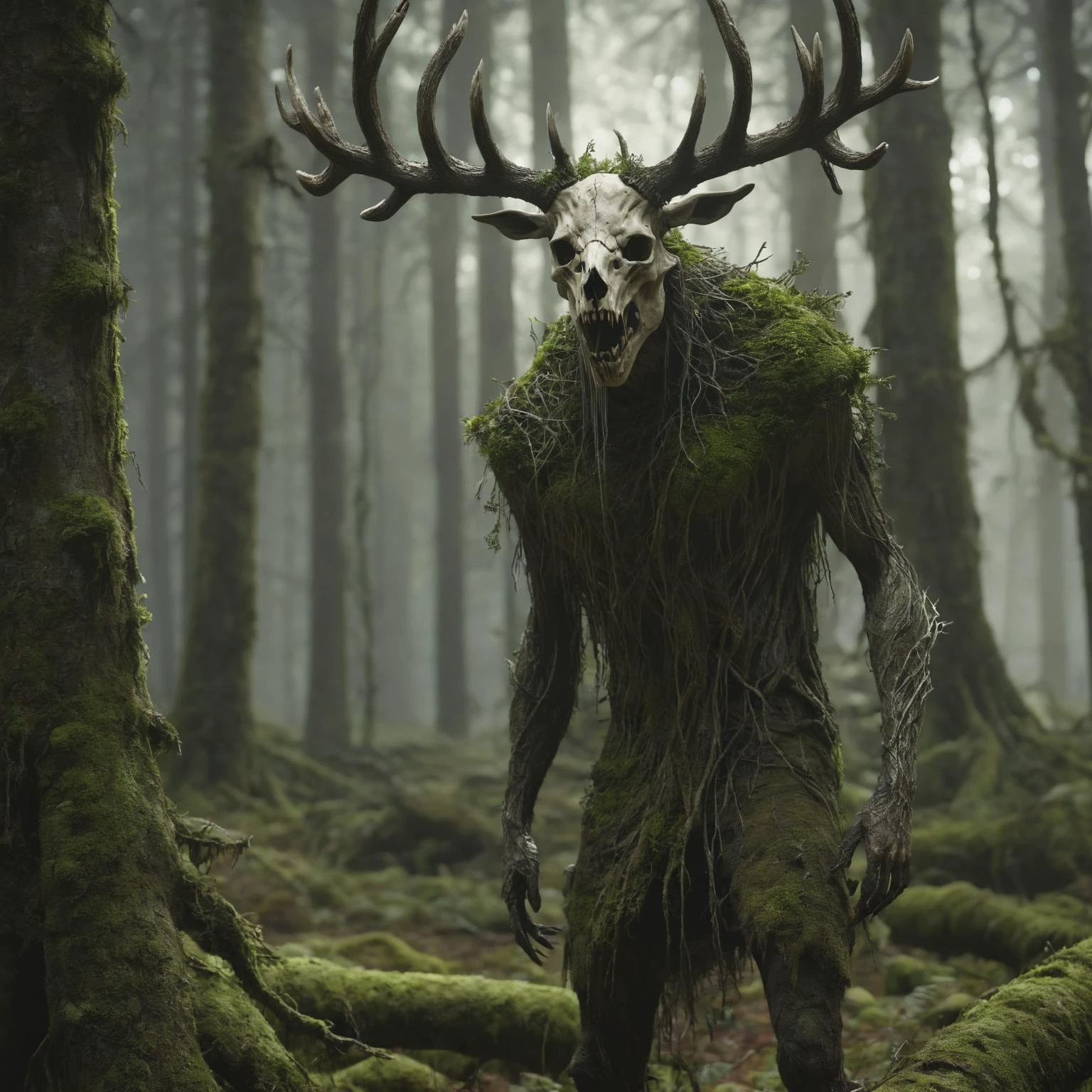 A man in a forest with a deer head and mossy forest - SeaArt AI