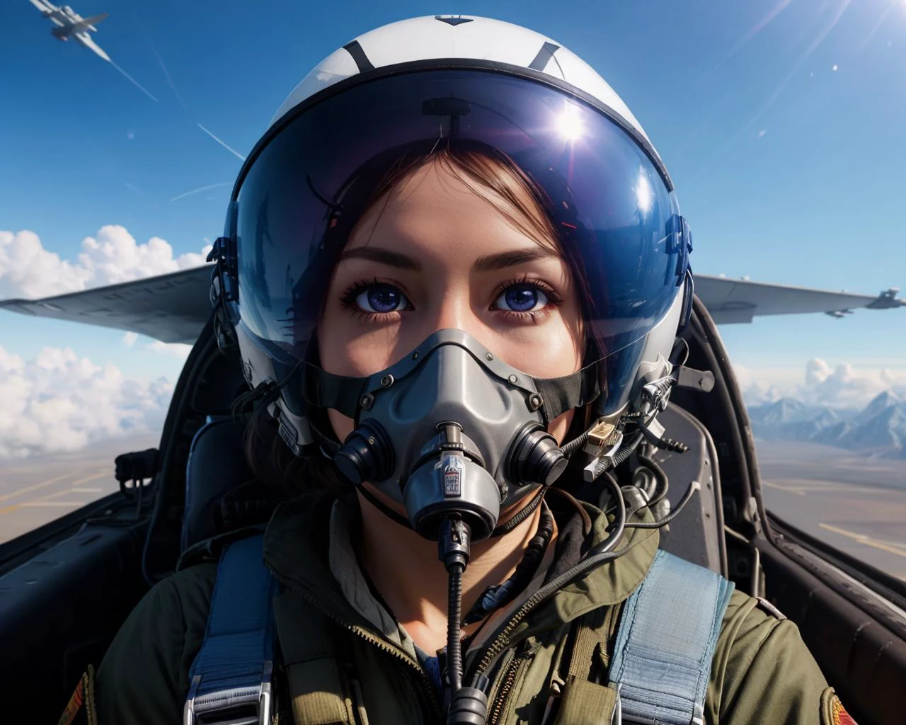 Arafed female fighter in a helmet and goggles in a plane - SeaArt AI
