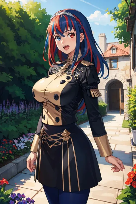 A woman in a black and gold outfit standing in front of a building ...