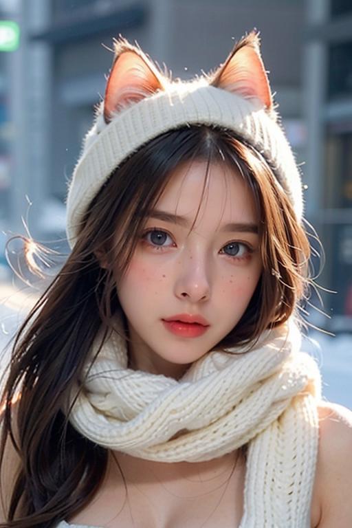 A close up of a woman wearing a cat hat and scarf - SeaArt AI