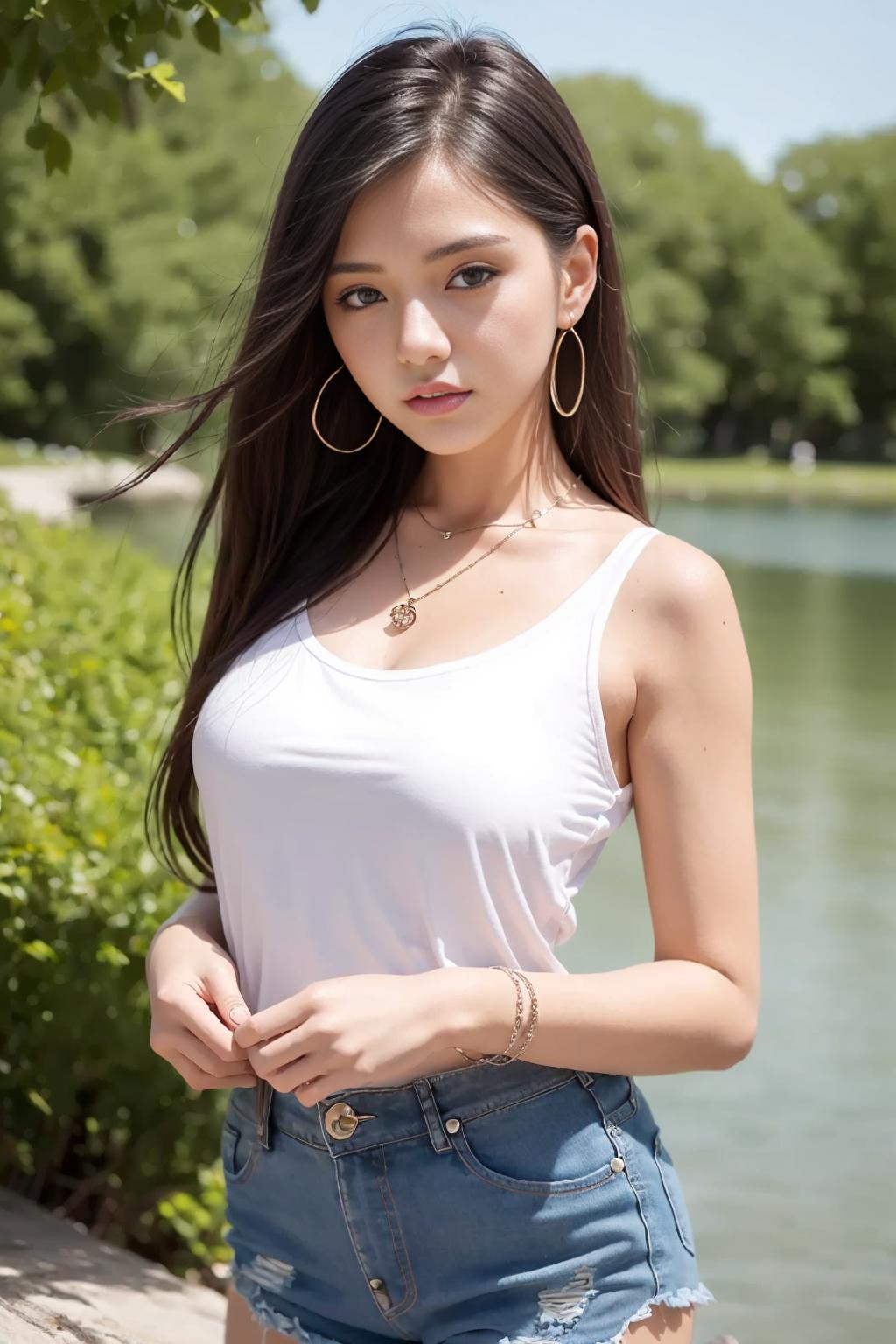 A woman in a white tank top and denim shorts posing for a picture - SeaArt AI