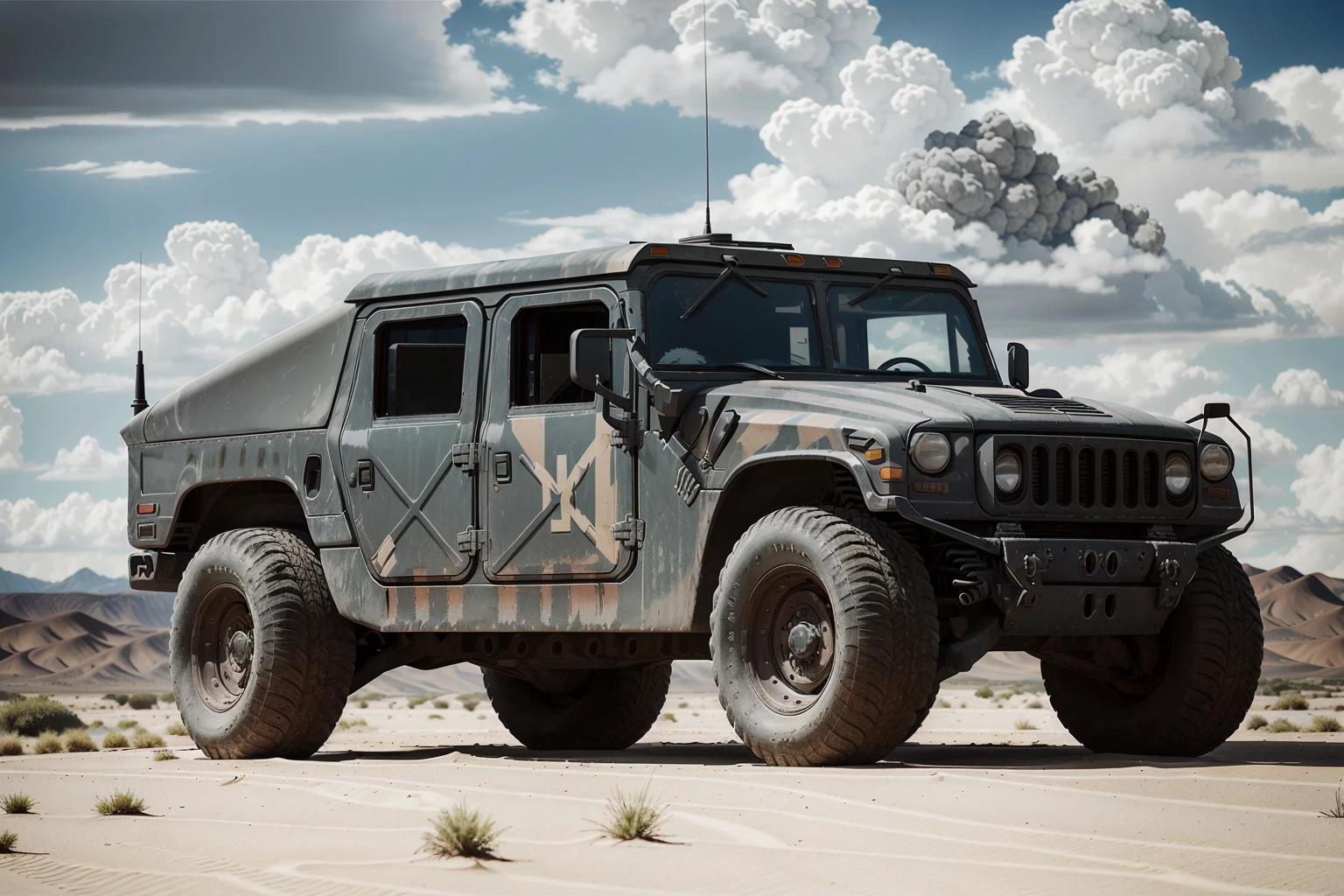 Arafed military vehicle in the desert with a cloudy sky - SeaArt AI