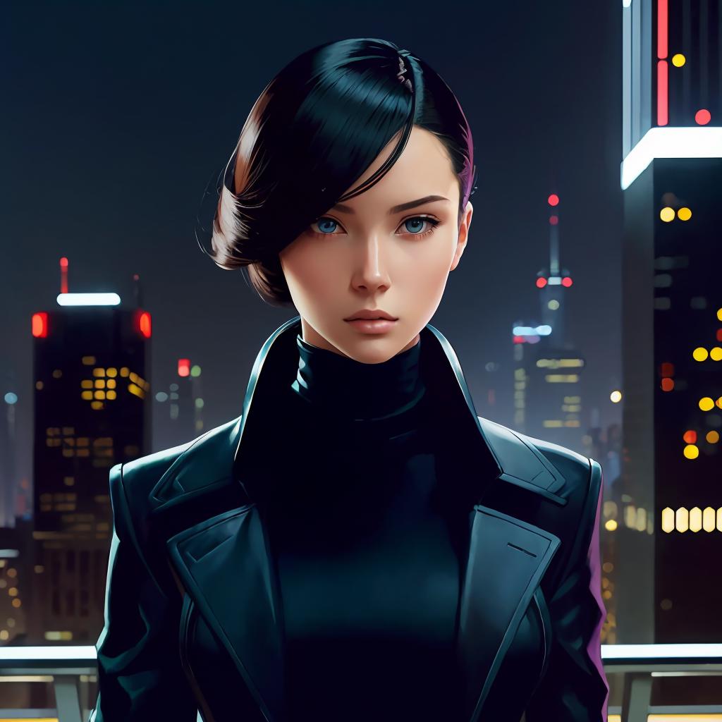 Un primer plano de una mujer con traje negro parada frente a una ciudad - SeaArt AI