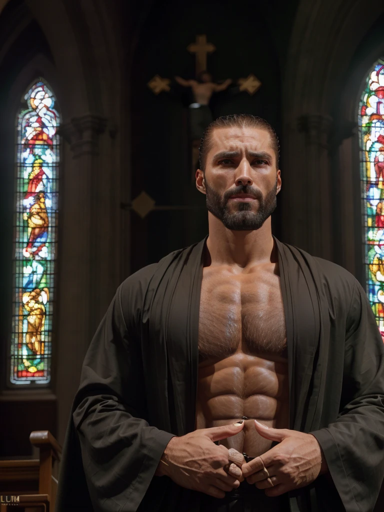 portrait of gigachad, as a (Preacher:1.3),in a church, black robes ...