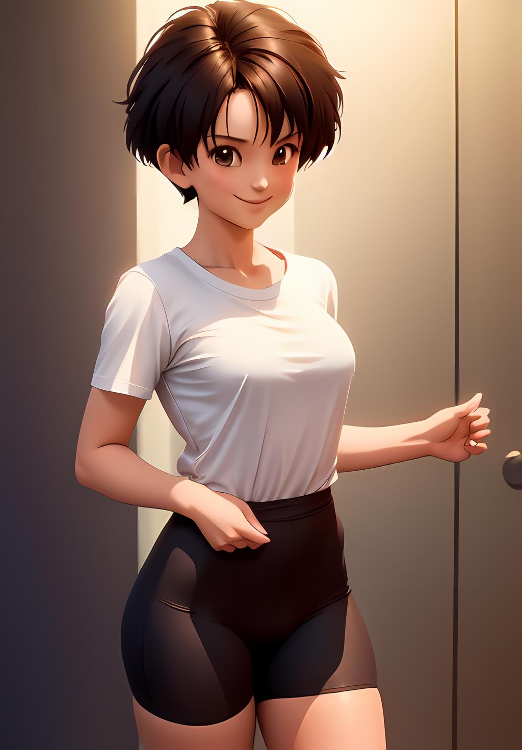 Videl, 1girl, solo, smile, white shirt, bike shorts, short hair, messy hair, (acclaimed ...