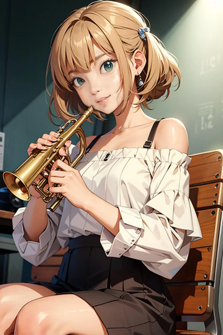 Anime girl with a trumpet sitting on a bench in a room - SeaArt AI