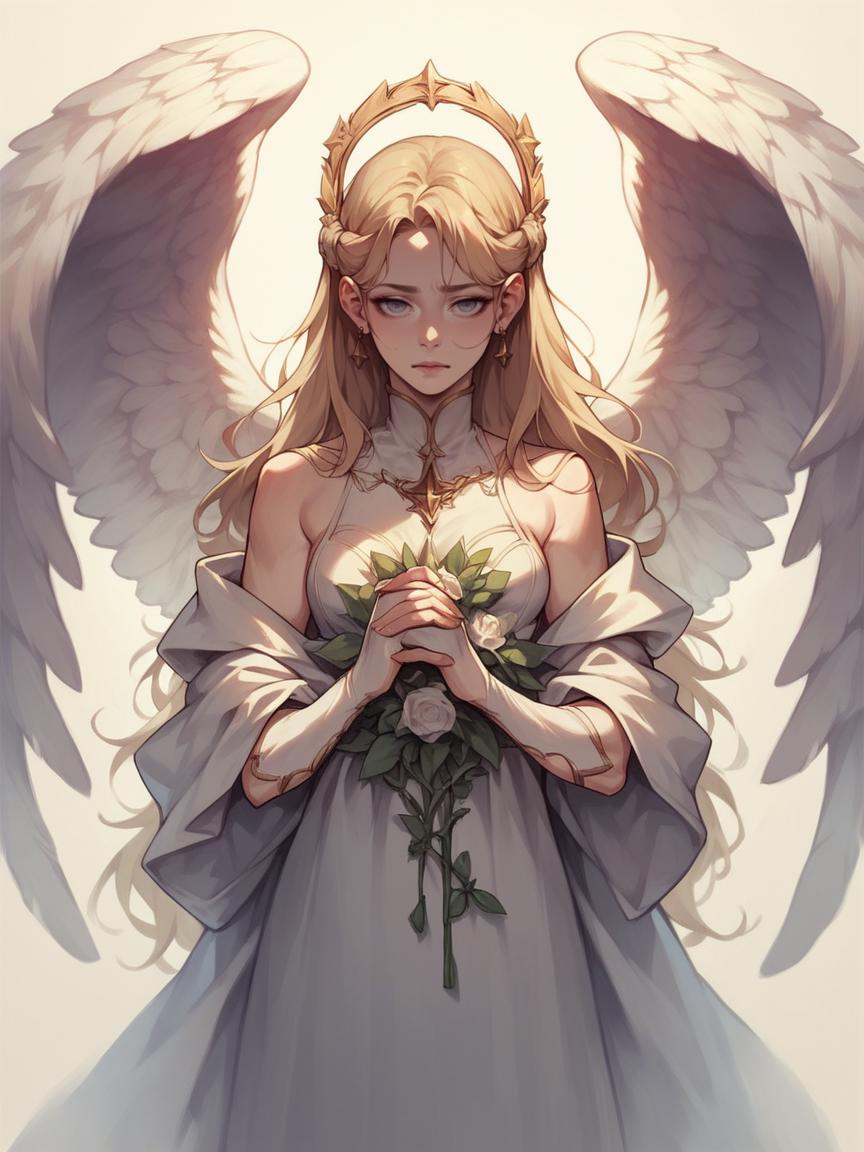 A drawing of an angel holding a rose in her hands - SeaArt AI