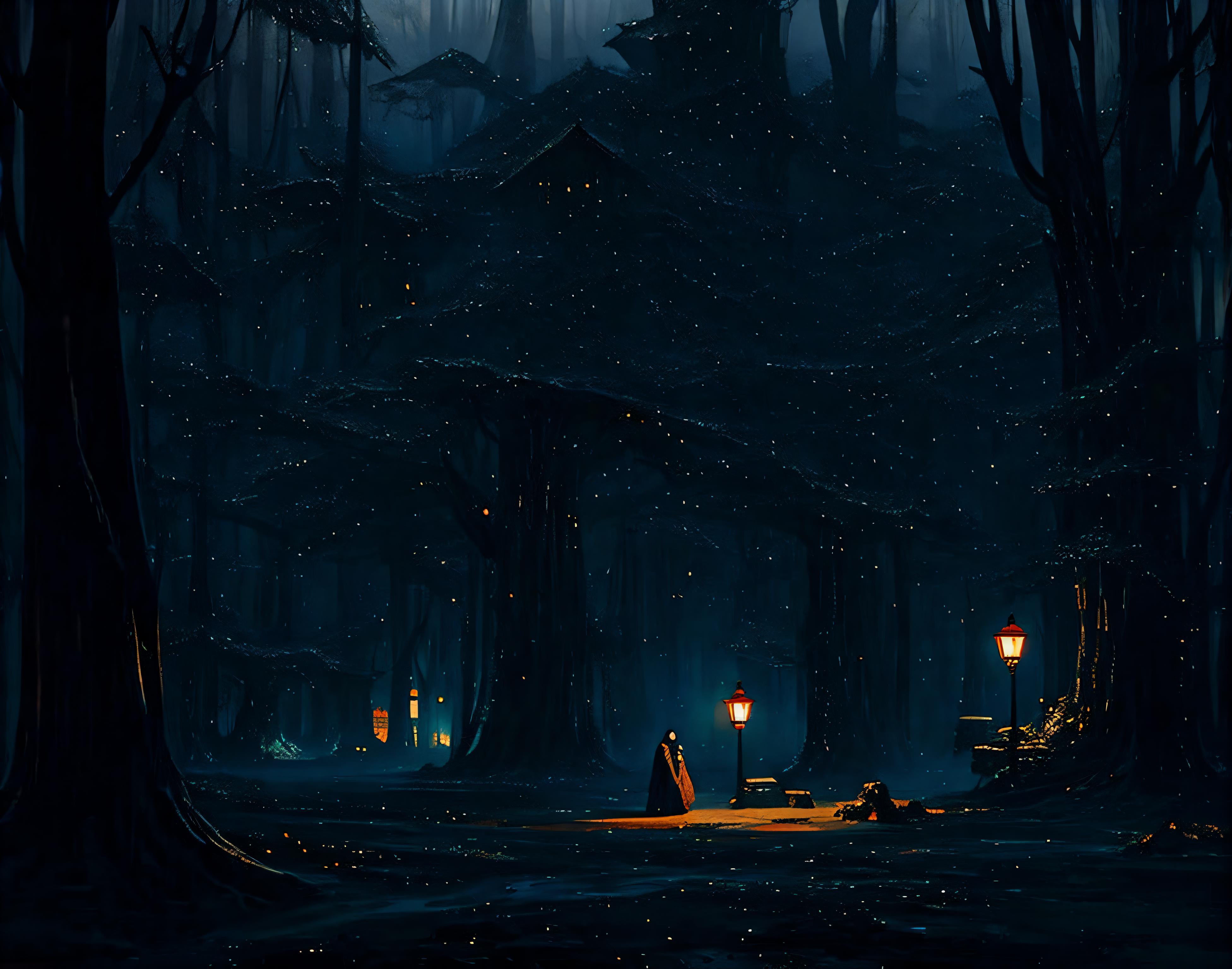 A dimly lit forest with a bench and a couple of people - SeaArt AI