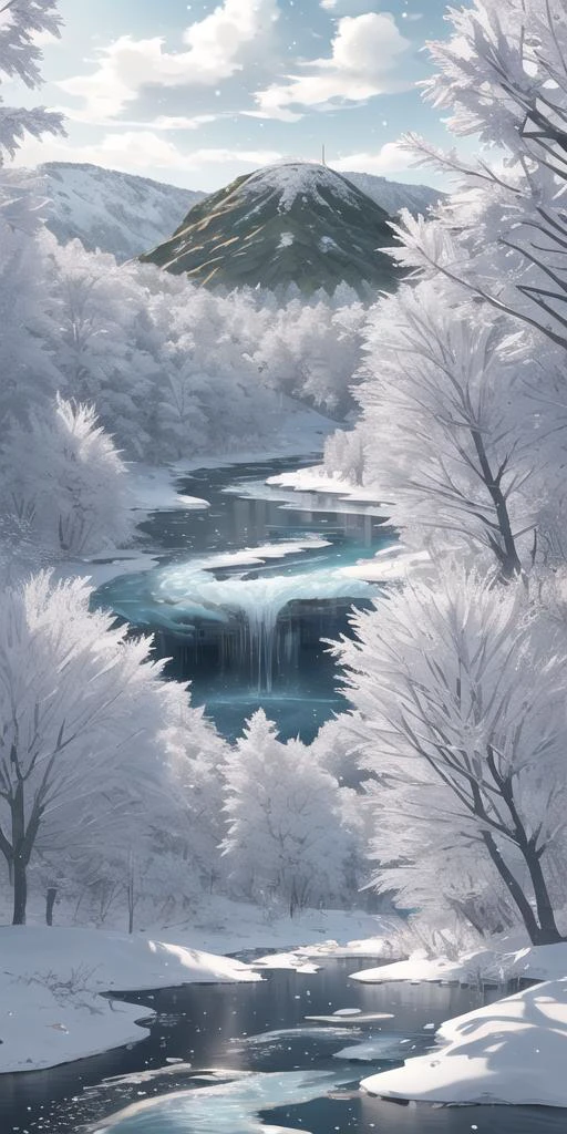 Minimalist landscape featuring a tranquil river flowing through a sparse forest of bare trees ...